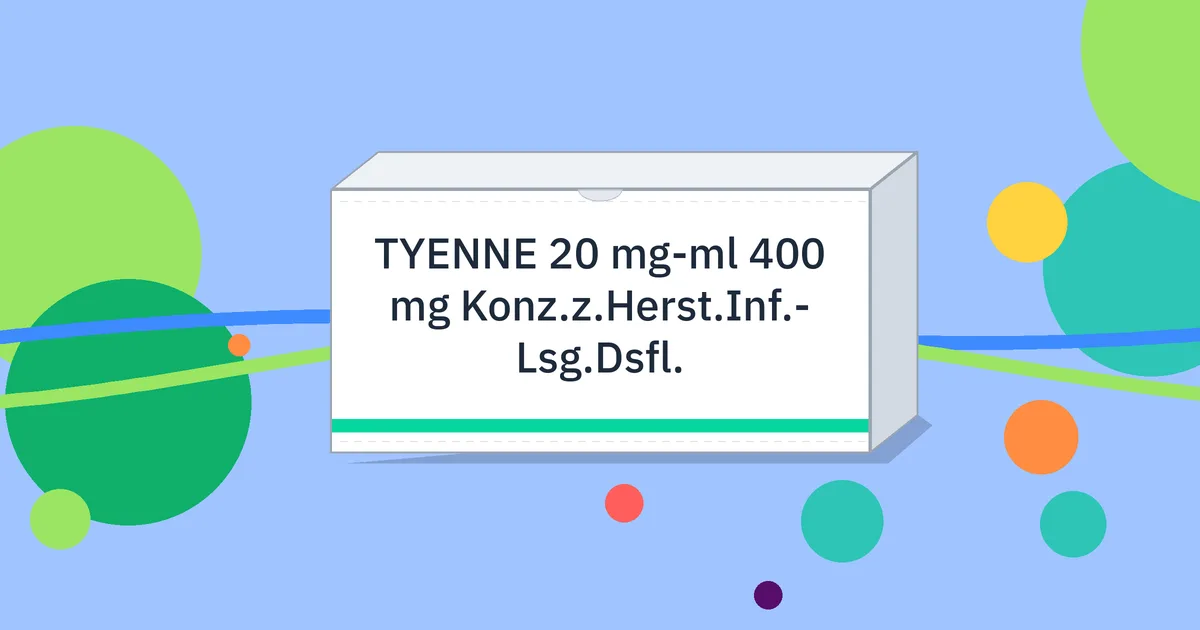 Symbolbild: Packung mit der Aufschrift TYENNE 20 mg-ml 400 mg Konz.z.Herst.Inf.-Lsg.Dsfl. (PZN 18817606) – Verfügbarkeit und Bezug in Apotheken in Frankfurt am Main