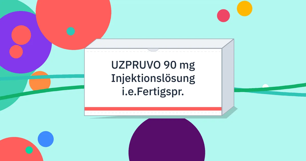Symbolbild: Packung mit der Aufschrift UZPRUVO 90 mg Injektionslösung i.e.Fertigspr. (PZN 19400015) – Verfügbarkeit und Bezug in Apotheken in Frankfurt am Main