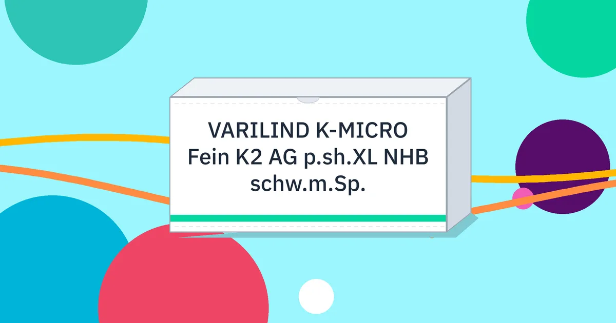 Symbolbild: Packung mit der Aufschrift VARILIND K-MICRO Fein K2 AG p.sh.XL NHB schw.m.Sp. (PZN 20556604) – Verfügbarkeit und Bezug in Apotheken in Frankfurt am Main