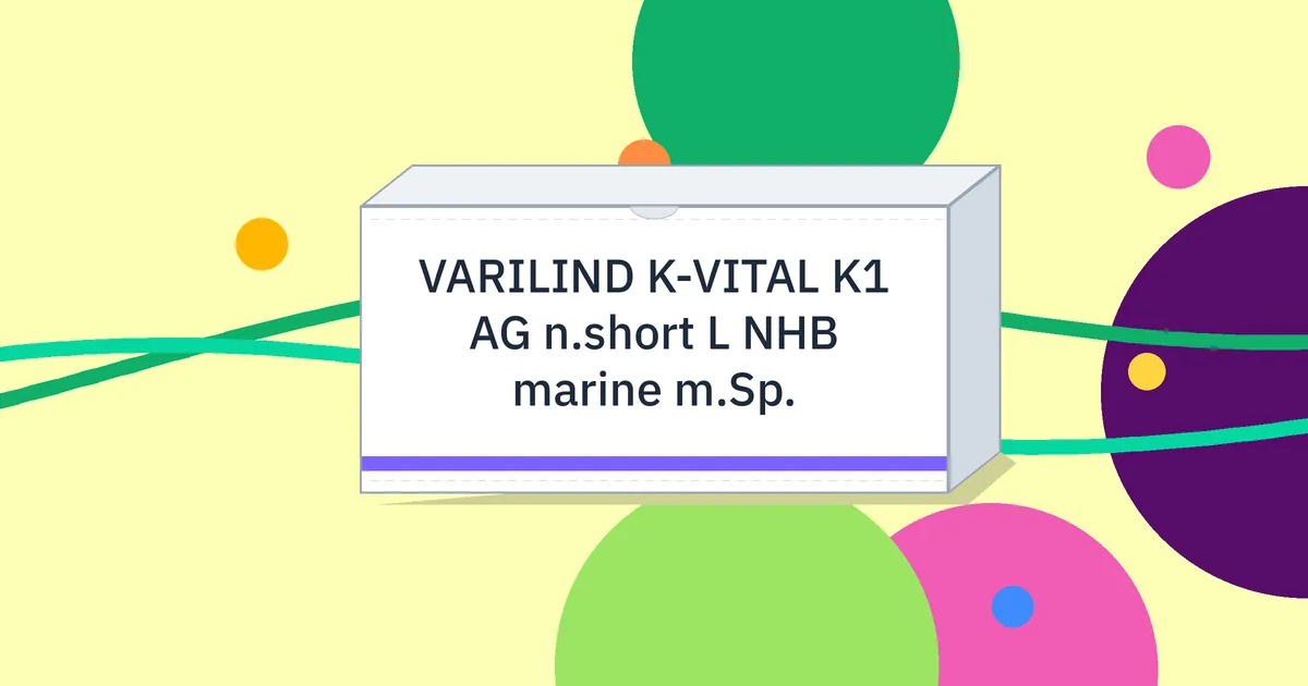 Symbolbild: Packung mit der Aufschrift VARILIND K-VITAL K1 AG n.short L NHB marine m.Sp. (PZN 20563030) – Verfügbarkeit und Bezug in Apotheken in Frankfurt am Main