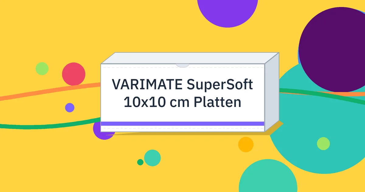 Symbolbild: Packung mit der Aufschrift VARIMATE SuperSoft 10x10 cm Platten (PZN 02787837) – Verfügbarkeit und Bezug in Apotheken in Frankfurt am Main