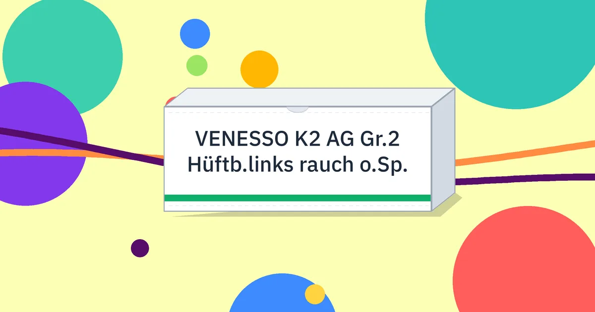 Symbolbild: Packung mit der Aufschrift VENESSO K2 AG Gr.2 Hüftb.links rauch o.Sp. (PZN 03269168) – Verfügbarkeit und Bezug in Apotheken in Frankfurt am Main