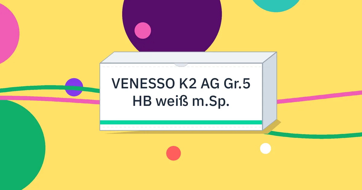 Symbolbild: Packung mit der Aufschrift VENESSO K2 AG Gr.5 HB weiß m.Sp. (PZN 03264679) – Verfügbarkeit und Bezug in Apotheken in Frankfurt am Main