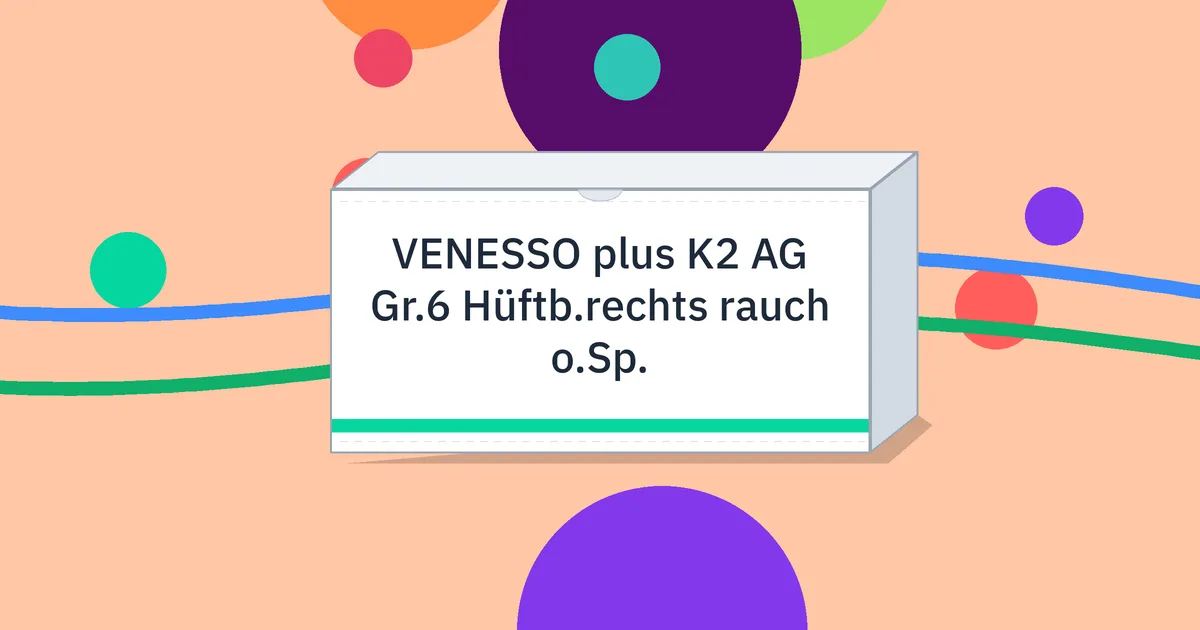 Symbolbild: Packung mit der Aufschrift VENESSO plus K2 AG Gr.6 Hüftb.rechts rauch o.Sp. (PZN 03302753) – Verfügbarkeit und Bezug in Apotheken in Frankfurt am Main
