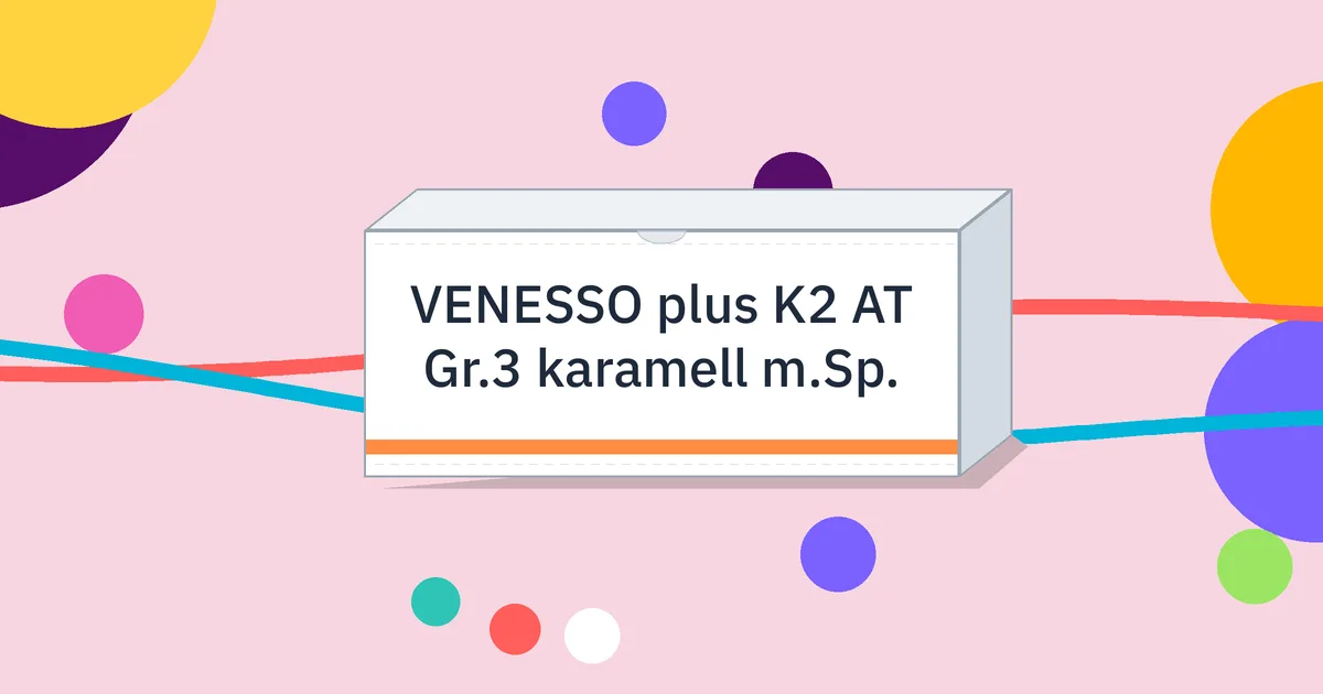 Symbolbild: Packung mit der Aufschrift VENESSO plus K2 AT Gr.3 karamell m.Sp. (PZN 13758572) – Verfügbarkeit und Bezug in Apotheken in Frankfurt am Main