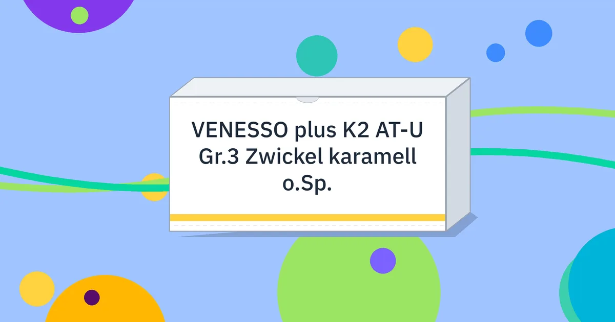 Symbolbild: Packung mit der Aufschrift VENESSO plus K2 AT-U Gr.3 Zwickel karamell o.Sp. (PZN 13759910) – Verfügbarkeit und Bezug in Apotheken in Frankfurt am Main