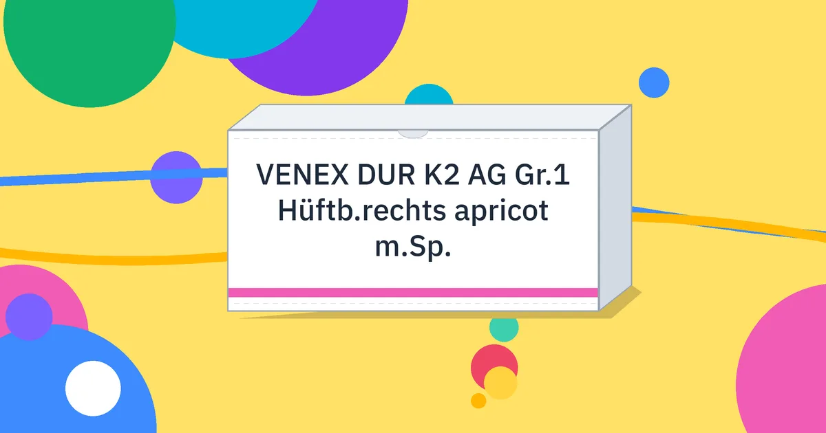 Symbolbild: Packung mit der Aufschrift VENEX DUR K2 AG Gr.1 Hüftb.rechts apricot m.Sp. (PZN 03228695) – Verfügbarkeit und Bezug in Apotheken in Frankfurt am Main