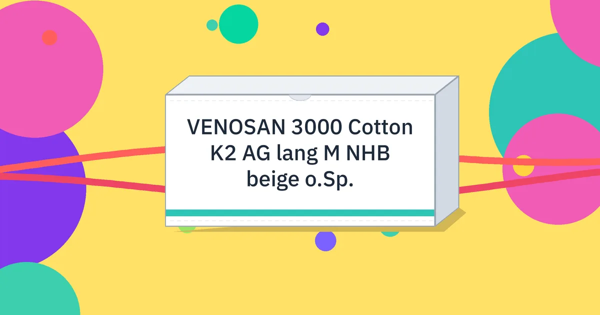Symbolbild: Packung mit der Aufschrift VENOSAN 3000 Cotton K2 AG lang M NHB beige o.Sp. (PZN 14421521) – Verfügbarkeit und Bezug in Apotheken in Frankfurt am Main