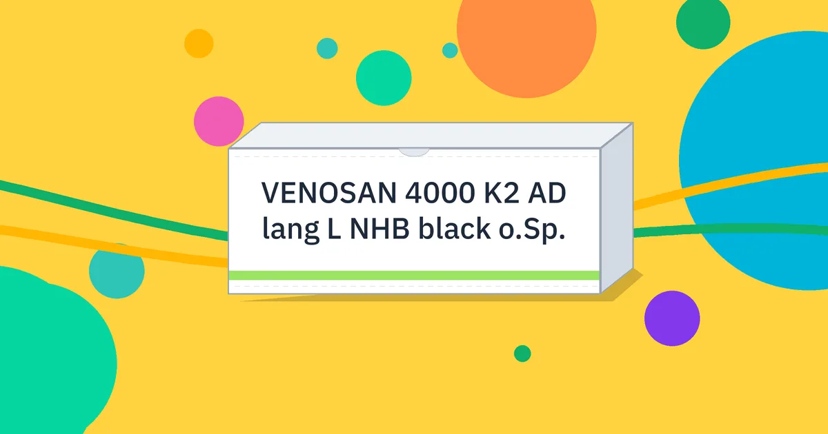 Symbolbild: Packung mit der Aufschrift VENOSAN 4000 K2 AD lang L NHB black o.Sp. (PZN 14427340) – Verfügbarkeit und Bezug in Apotheken in Frankfurt am Main