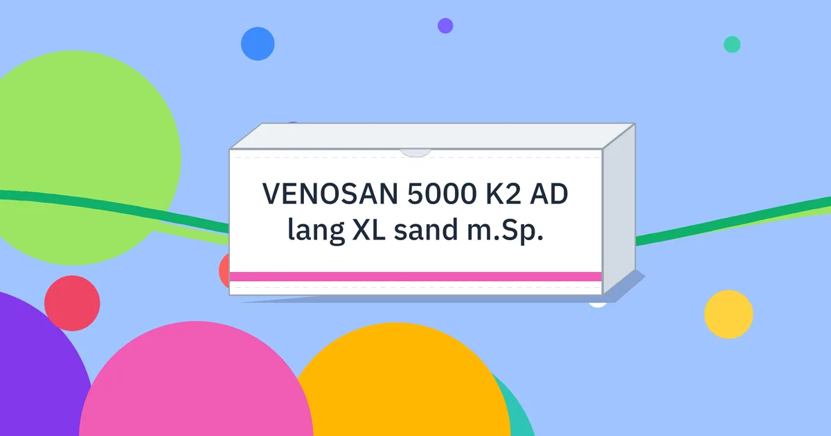 Symbolbild: Packung mit der Aufschrift VENOSAN 5000 K2 AD lang XL sand m.Sp. (PZN 14428581) – Verfügbarkeit und Bezug in Apotheken in Frankfurt am Main