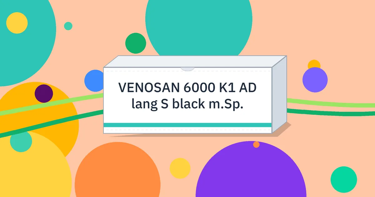 Symbolbild: Packung mit der Aufschrift VENOSAN 6000 K1 AD lang S black m.Sp. (PZN 17171326) – Verfügbarkeit und Bezug in Apotheken in Frankfurt am Main