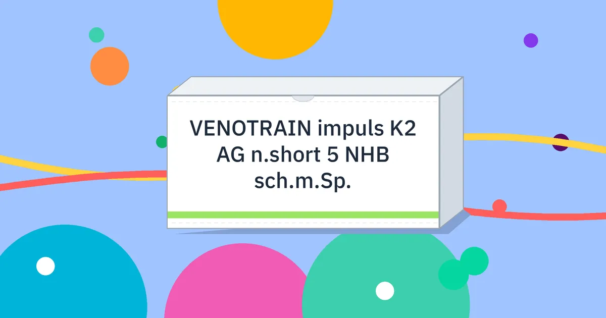 Symbolbild: Packung mit der Aufschrift VENOTRAIN impuls K2 AG n.short 5 NHB sch.m.Sp. (PZN 00506490) – Verfügbarkeit und Bezug in Apotheken in Frankfurt am Main