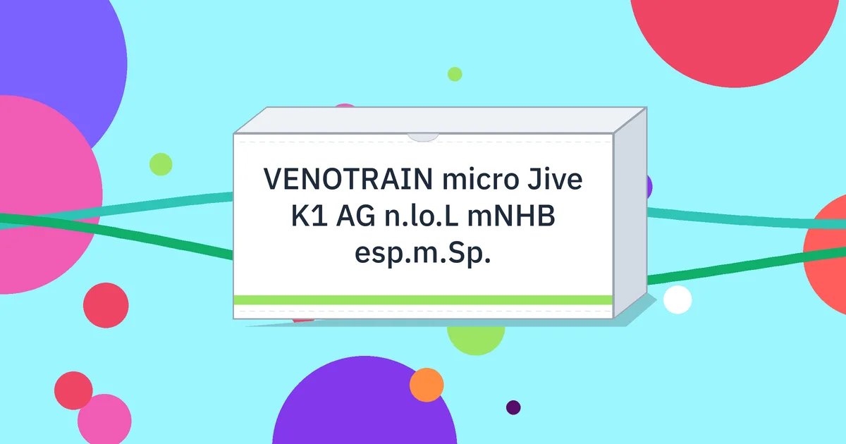 Symbolbild: Packung mit der Aufschrift VENOTRAIN micro Jive K1 AG n.lo.L mNHB esp.m.Sp. (PZN 17760241) – Verfügbarkeit und Bezug in Apotheken in Frankfurt am Main