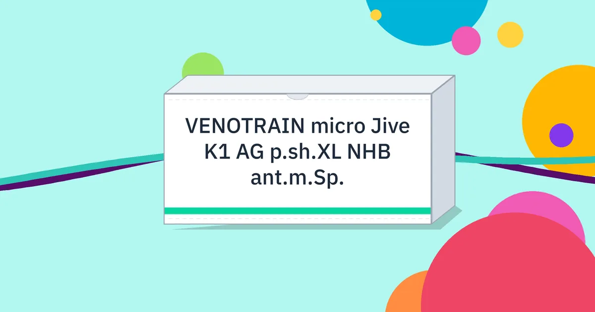 Symbolbild: Packung mit der Aufschrift VENOTRAIN micro Jive K1 AG p.sh.XL NHB ant.m.Sp. (PZN 17766574) – Verfügbarkeit und Bezug in Apotheken in Frankfurt am Main