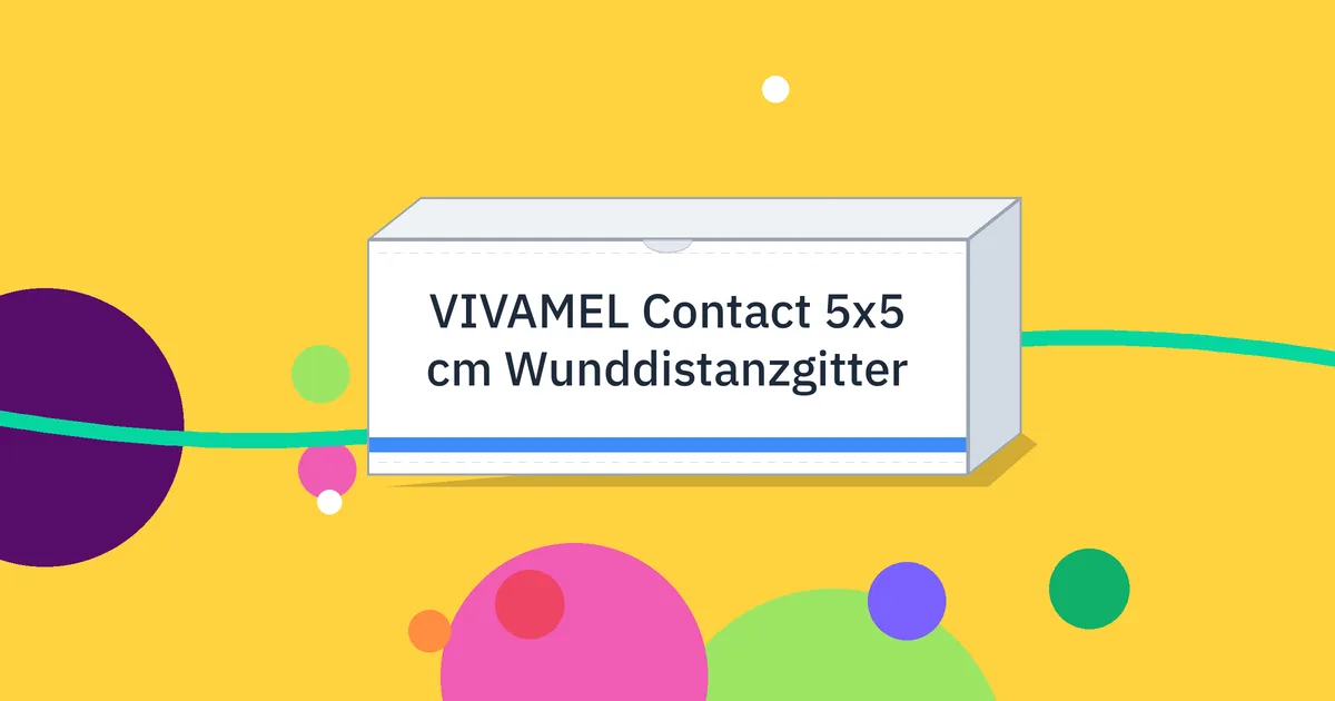 Symbolbild: Packung mit der Aufschrift VIVAMEL Contact 5x5 cm Wunddistanzgitter (PZN 12348139) – Verfügbarkeit und Bezug in Apotheken in Frankfurt am Main