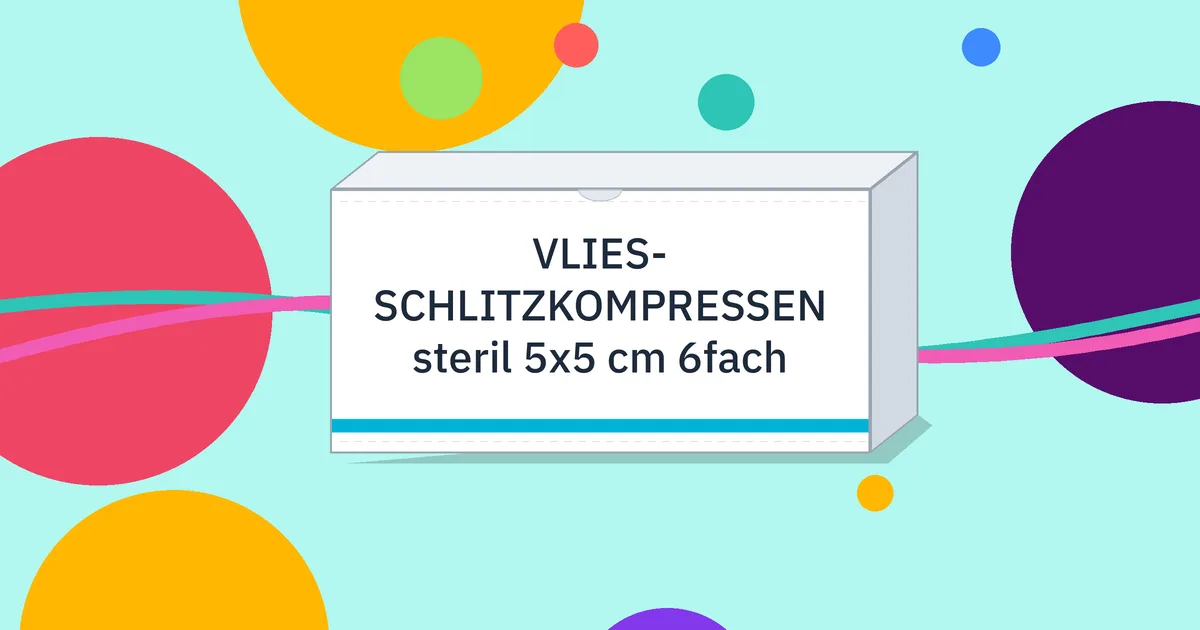 Symbolbild: Packung mit der Aufschrift VLIES-SCHLITZKOMPRESSEN steril 5x5 cm 6fach (PZN 07200529) – Verfügbarkeit und Bezug in Apotheken in Frankfurt am Main