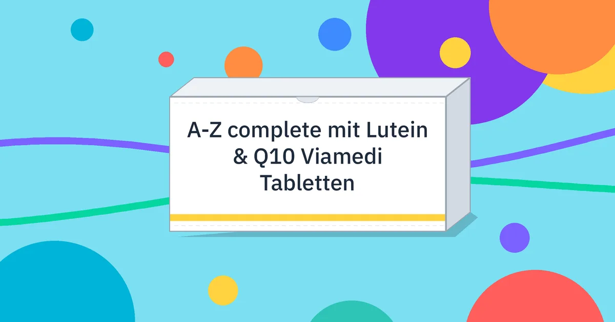 Symbolbild: Packung mit der Aufschrift A-Z complete mit Lutein & Q10 Viamedi Tabletten (PZN 18411488) – Verfügbarkeit und Bezug in Apotheken in Frankfurt am Main