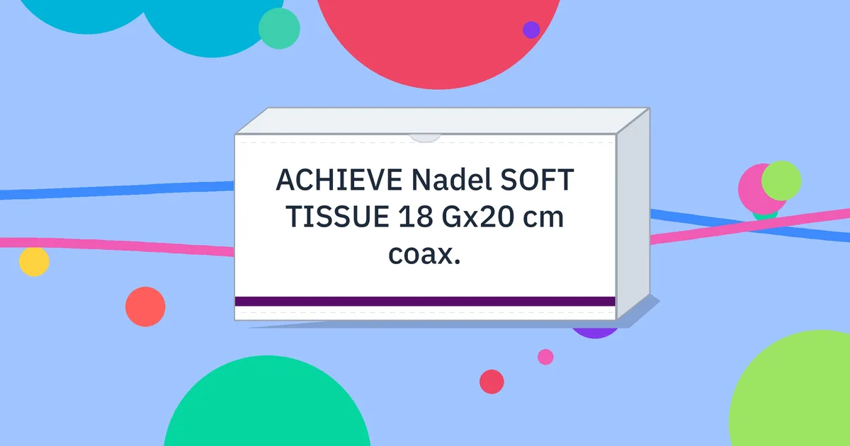 Symbolbild: Packung mit der Aufschrift ACHIEVE Nadel SOFT TISSUE 18 Gx20 cm coax. (PZN 18763715) – Verfügbarkeit und Bezug in Apotheken in Frankfurt am Main