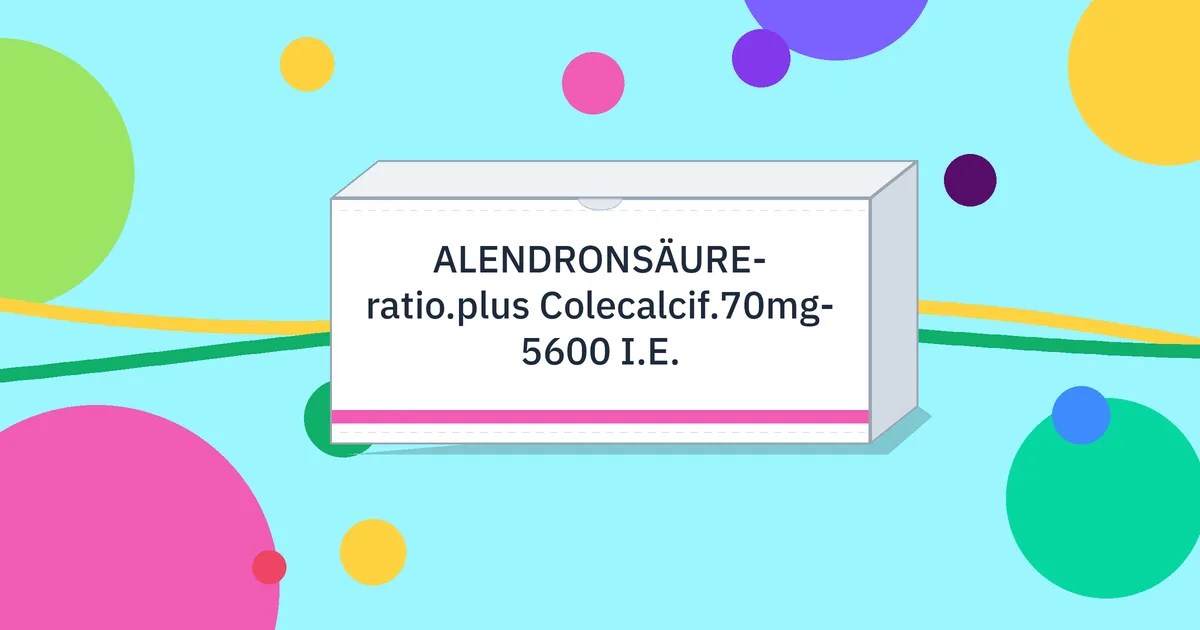 Symbolbild: Packung mit der Aufschrift ALENDRONSÄURE-ratio.plus Colecalcif.70mg-5600 I.E. (PZN 10250620) – Verfügbarkeit und Bezug in Apotheken in Frankfurt am Main