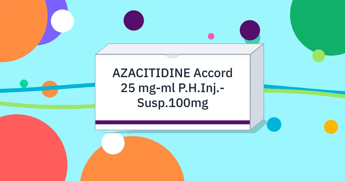 Symbolbild: Packung mit der Aufschrift AZACITIDINE Accord 25 mg-ml P.H.Inj.-Susp.100mg (PZN 18496792) – Verfügbarkeit und Bezug in Apotheken in Frankfurt am Main