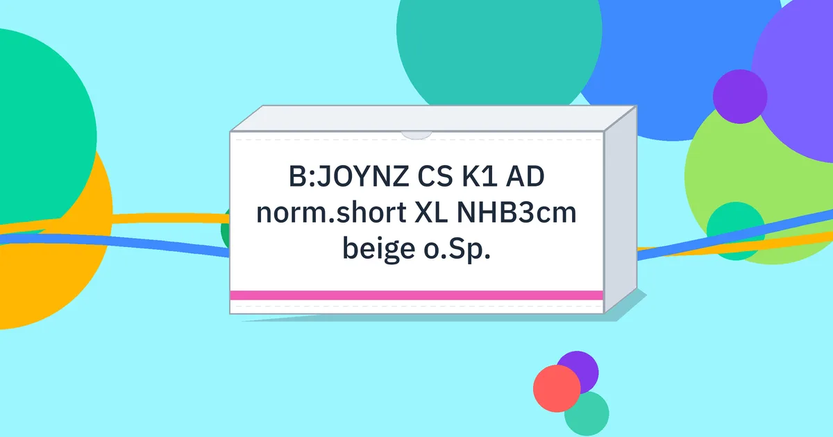 Symbolbild: Packung mit der Aufschrift B:JOYNZ CS K1 AD norm.short XL NHB3cm beige o.Sp. (PZN 20529783) – Verfügbarkeit und Bezug in Apotheken in Frankfurt am Main