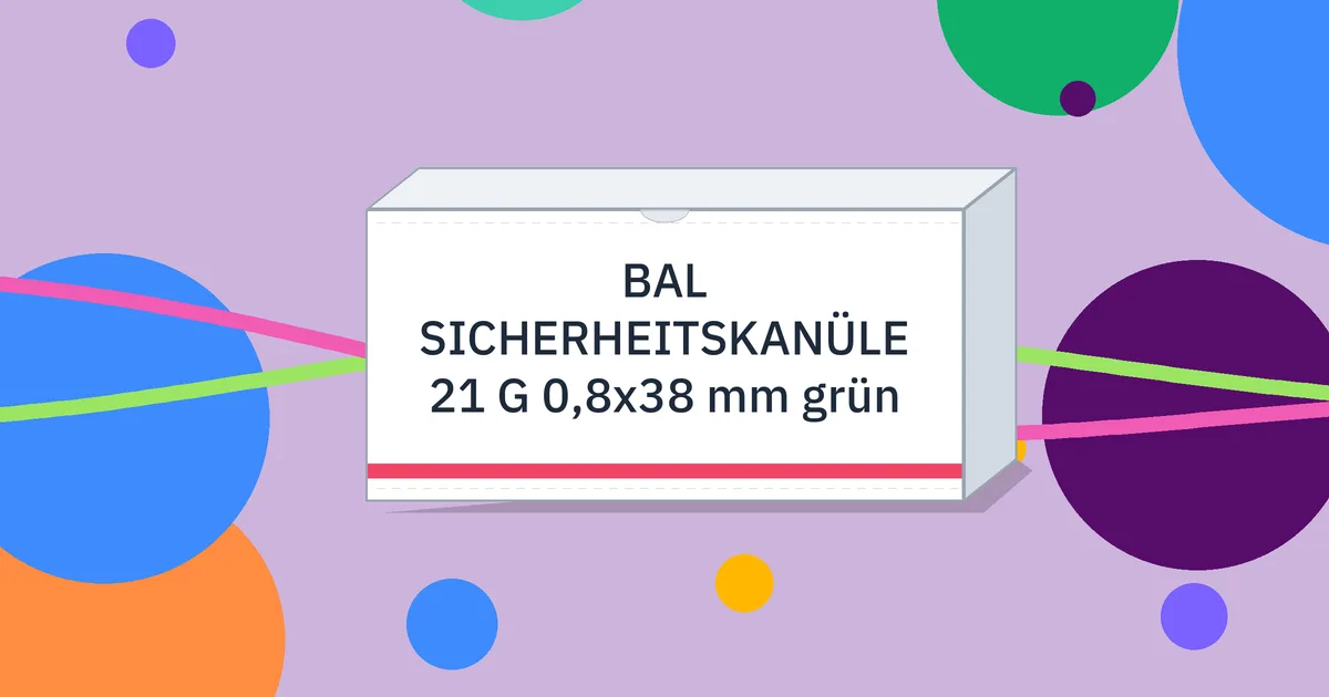 Symbolbild: Packung mit der Aufschrift BAL SICHERHEITSKANÜLE 21 G 0,8x38 mm grün (PZN 19124408) – Verfügbarkeit und Bezug in Apotheken in Frankfurt am Main