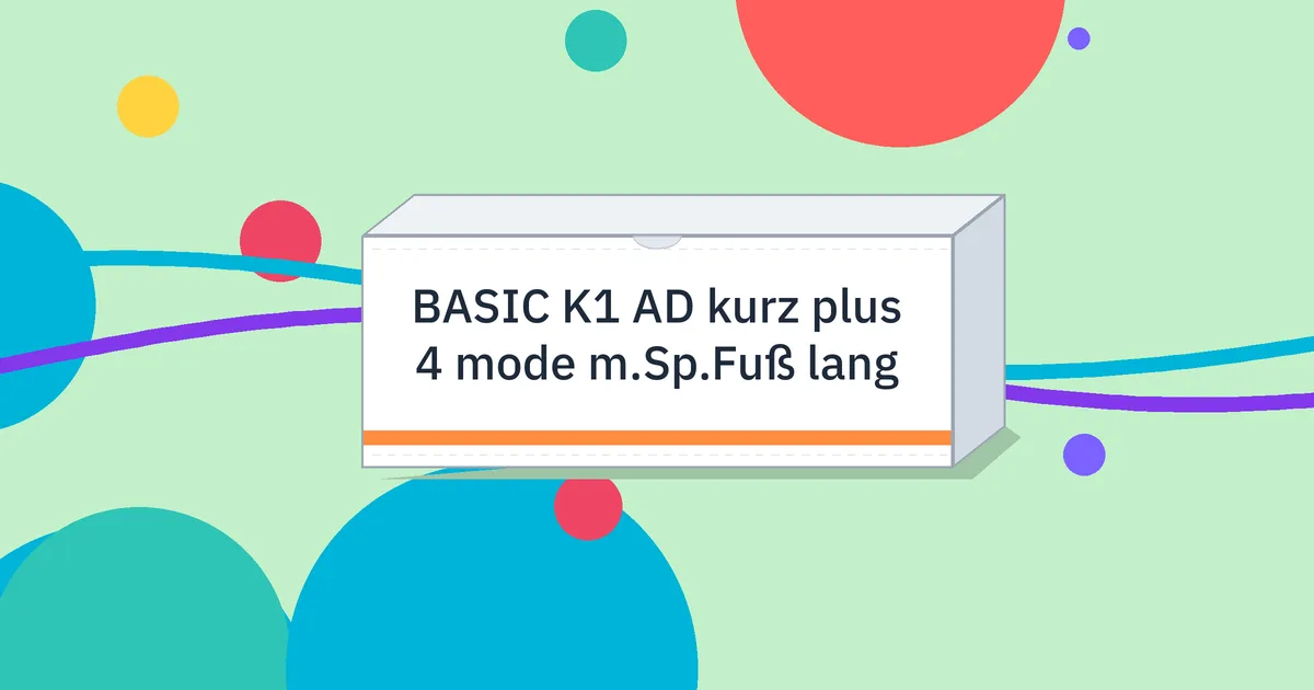 Symbolbild: Packung mit der Aufschrift BASIC K1 AD kurz plus 4 mode m.Sp.Fuß lang (PZN 20258574) – Verfügbarkeit und Bezug in Apotheken in Frankfurt am Main