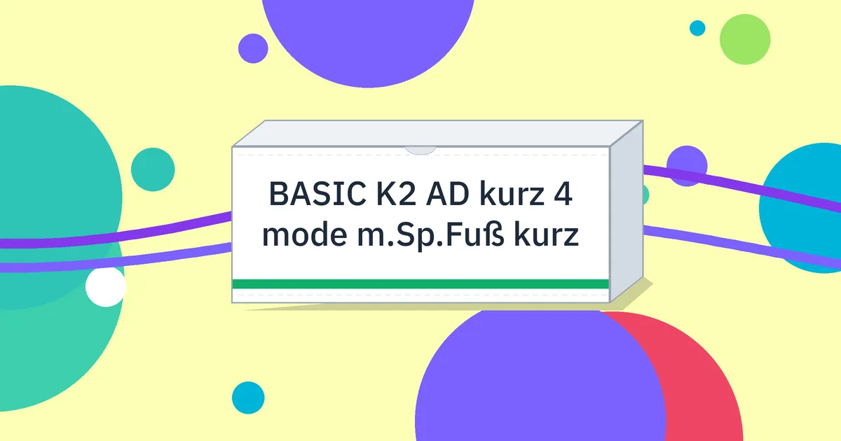 Symbolbild: Packung mit der Aufschrift BASIC K2 AD kurz 4 mode m.Sp.Fuß kurz (PZN 20265025) – Verfügbarkeit und Bezug in Apotheken in Frankfurt am Main
