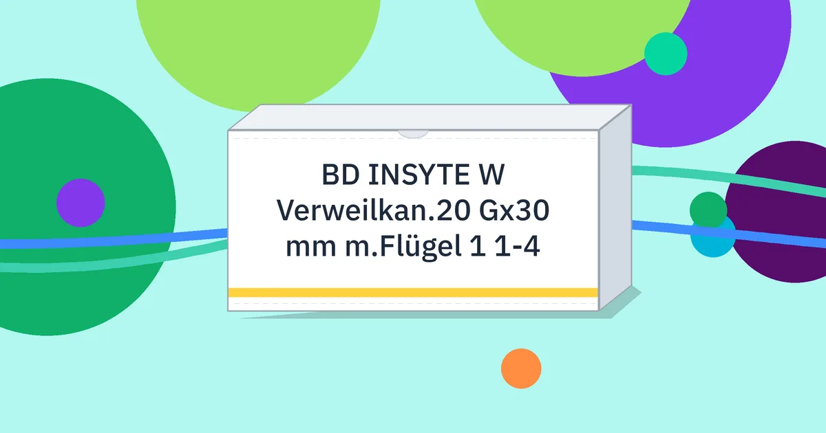 Symbolbild: Packung mit der Aufschrift BD INSYTE W Verweilkan.20 Gx30 mm m.Flügel 1 1-4 (PZN 07546400) – Verfügbarkeit und Bezug in Apotheken in Frankfurt am Main