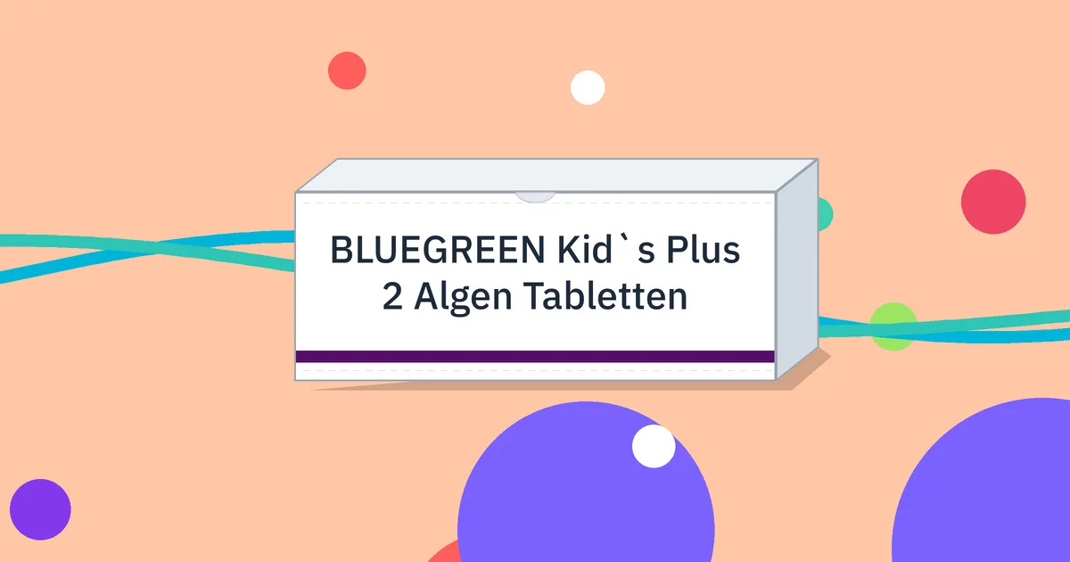 Symbolbild: Packung mit der Aufschrift BLUEGREEN Kid`s Plus 2 Algen Tabletten (PZN 00007462) – Verfügbarkeit und Bezug in Apotheken in Frankfurt am Main