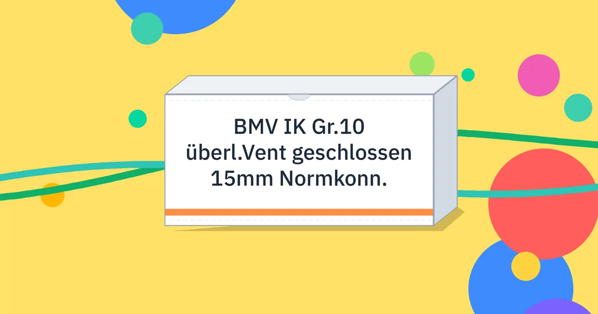 Symbolbild: Packung mit der Aufschrift BMV IK Gr.10 überl.Vent geschlossen 15mm Normkonn. (PZN 18381563) – Verfügbarkeit und Bezug in Apotheken in Frankfurt am Main