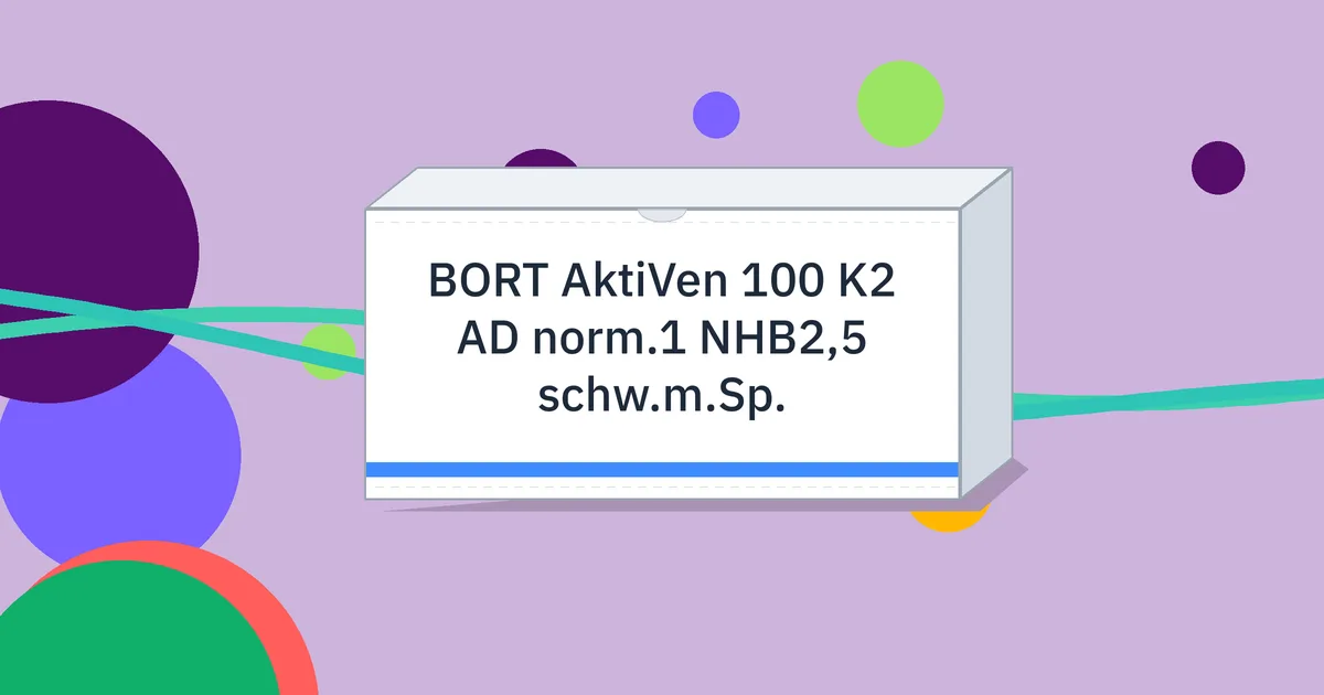 Symbolbild: Packung mit der Aufschrift BORT AktiVen 100 K2 AD norm.1 NHB2,5 schw.m.Sp. (PZN 17501769) – Verfügbarkeit und Bezug in Apotheken in Frankfurt am Main