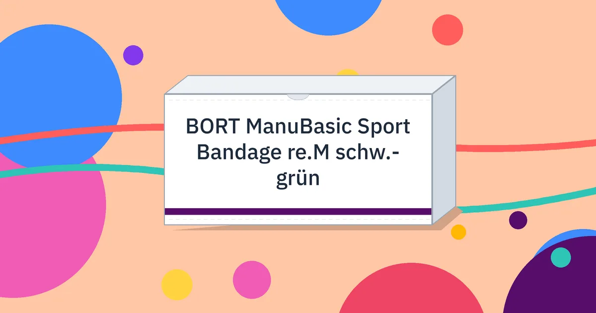 Symbolbild: Packung mit der Aufschrift BORT ManuBasic Sport Bandage re.M schw.-grün (PZN 02738170) – Verfügbarkeit und Bezug in Apotheken in Frankfurt am Main
