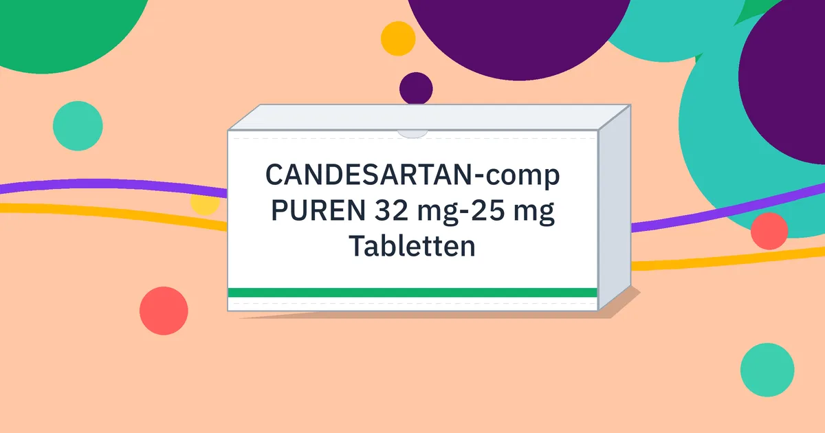 Symbolbild: Packung mit der Aufschrift CANDESARTAN-comp PUREN 32 mg-25 mg Tabletten (PZN 11354037) – Verfügbarkeit und Bezug in Apotheken in Frankfurt am Main