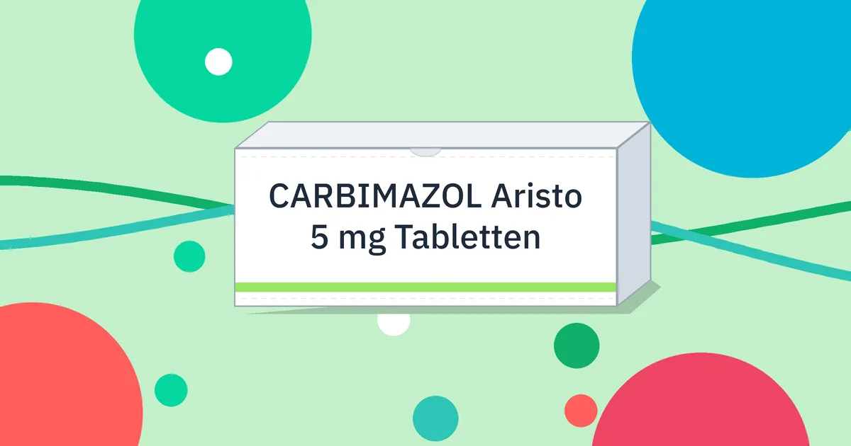 Symbolbild: Packung mit der Aufschrift CARBIMAZOL Aristo 5 mg Tabletten (PZN 07239885) – Verfügbarkeit und Bezug in Apotheken in Frankfurt am Main