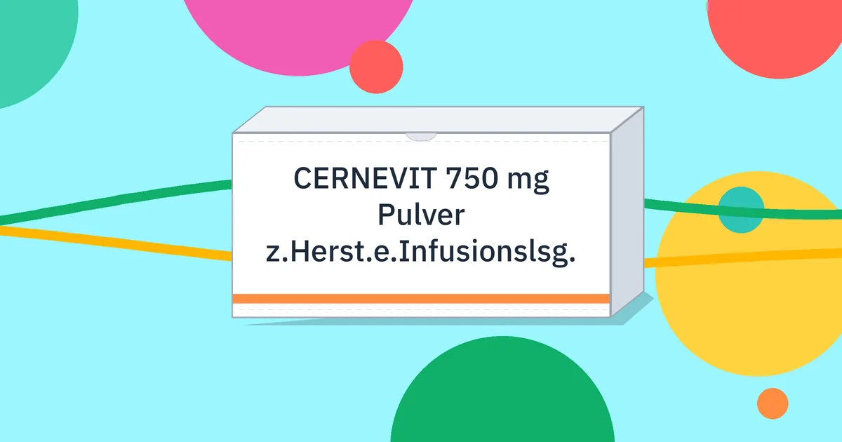 Symbolbild: Packung mit der Aufschrift CERNEVIT 750 mg Pulver z.Herst.e.Infusionslsg. (PZN 06432806) – Verfügbarkeit und Bezug in Apotheken in Frankfurt am Main