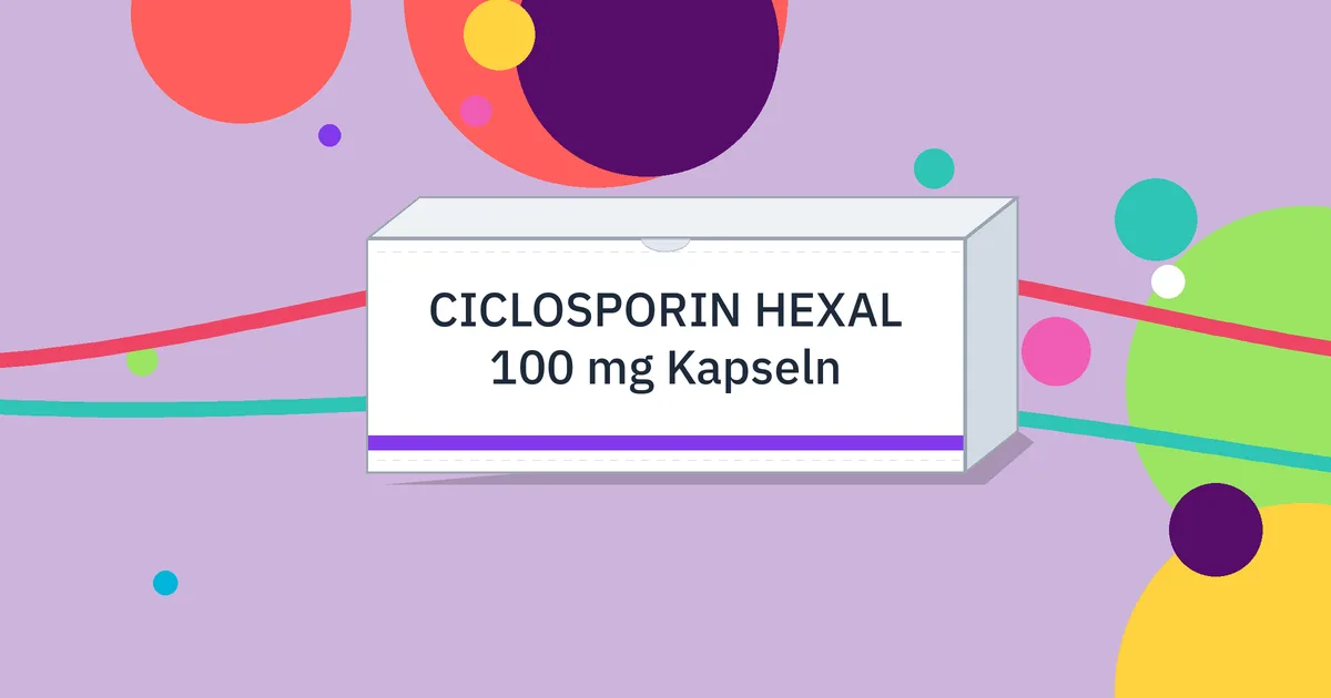 Symbolbild: Packung mit der Aufschrift CICLOSPORIN HEXAL 100 mg Kapseln (PZN 00765547) – Verfügbarkeit und Bezug in Apotheken in Frankfurt am Main