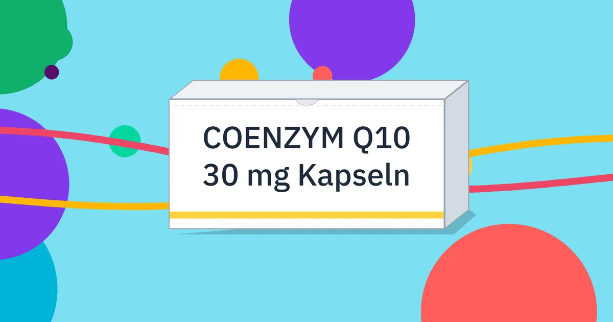 Symbolbild: Packung mit der Aufschrift COENZYM Q10 30 mg Kapseln (PZN 18665384) – Verfügbarkeit und Bezug in Apotheken in Frankfurt am Main