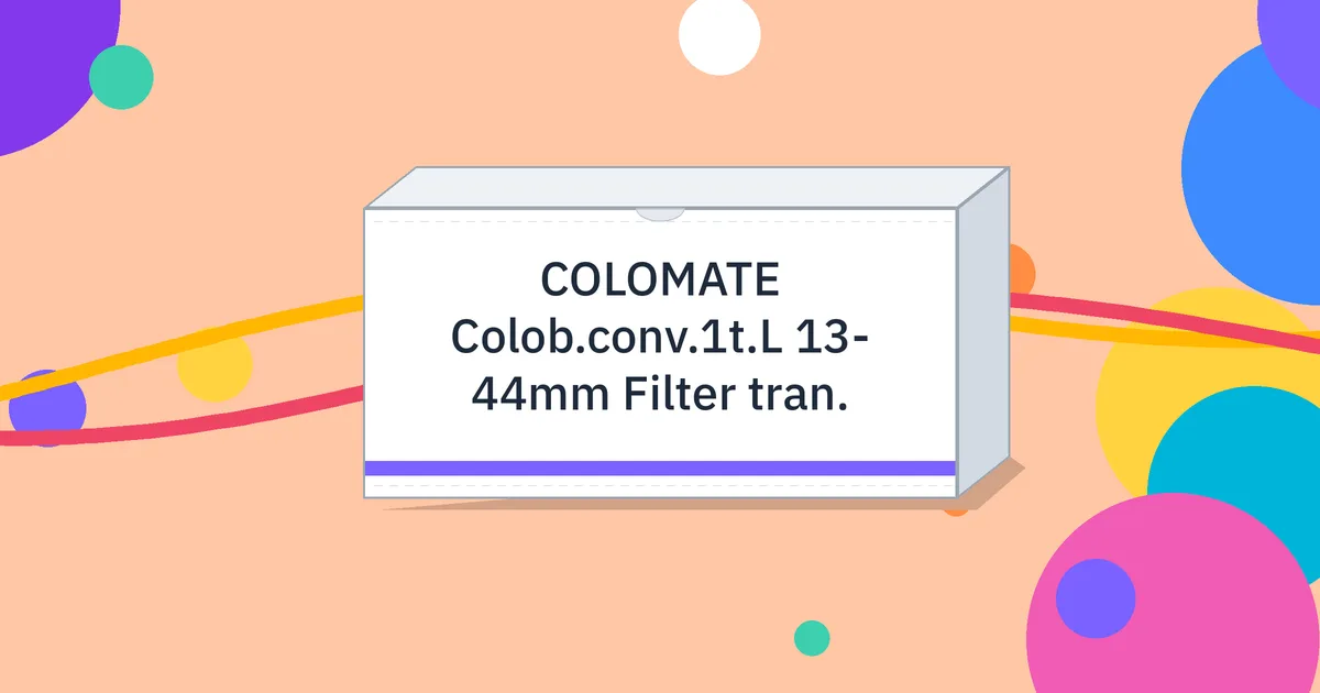 Symbolbild: Packung mit der Aufschrift COLOMATE Colob.conv.1t.L 13-44mm Filter tran. (PZN 09713368) – Verfügbarkeit und Bezug in Apotheken in Frankfurt am Main