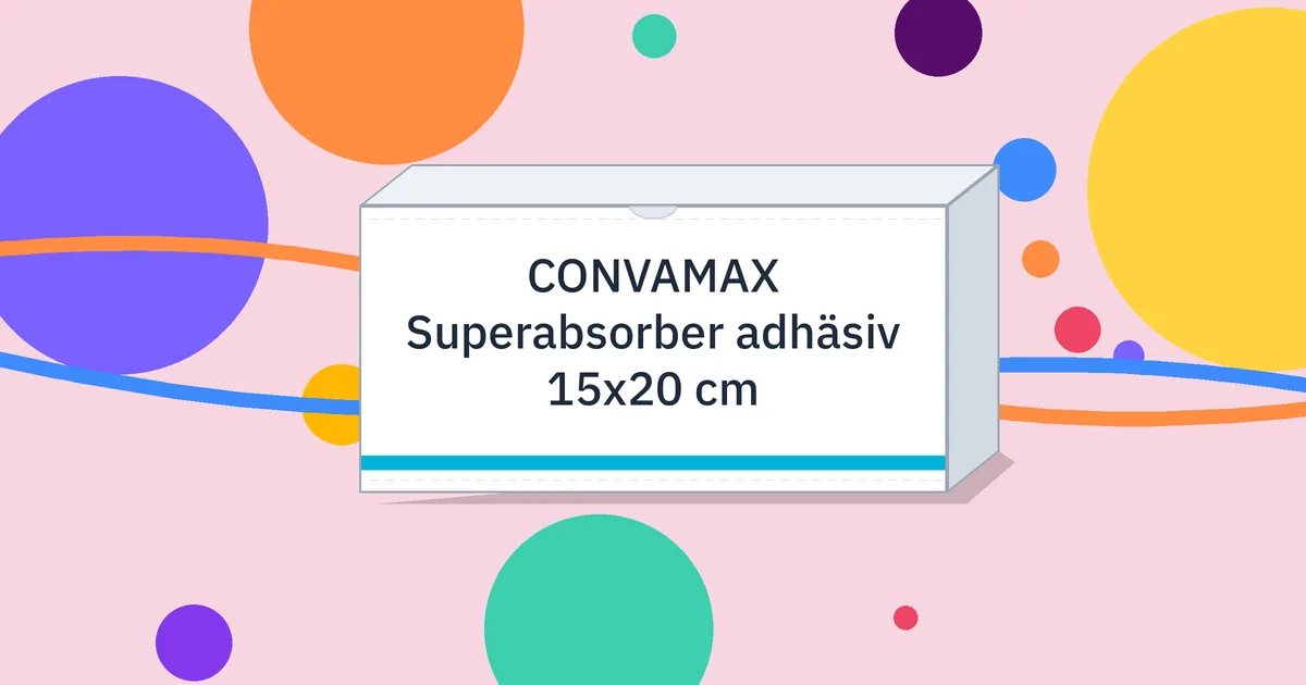 Symbolbild: Packung mit der Aufschrift CONVAMAX Superabsorber adhäsiv 15x20 cm (PZN 20595863) – Verfügbarkeit und Bezug in Apotheken in Frankfurt am Main
