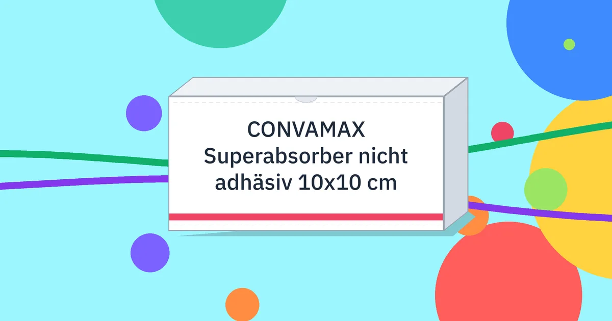 Symbolbild: Packung mit der Aufschrift CONVAMAX Superabsorber nicht adhäsiv 10x10 cm (PZN 16833251) – Verfügbarkeit und Bezug in Apotheken in Frankfurt am Main
