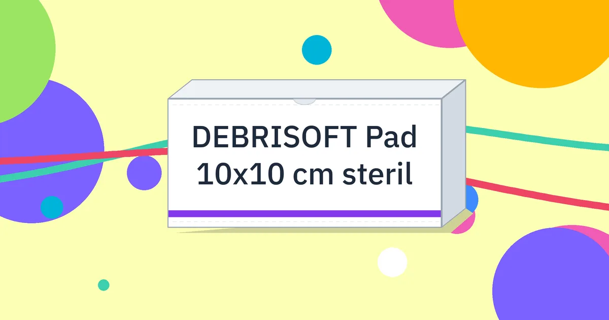 Symbolbild: Packung mit der Aufschrift DEBRISOFT Pad 10x10 cm steril (PZN 13155158) – Verfügbarkeit und Bezug in Apotheken in Frankfurt am Main
