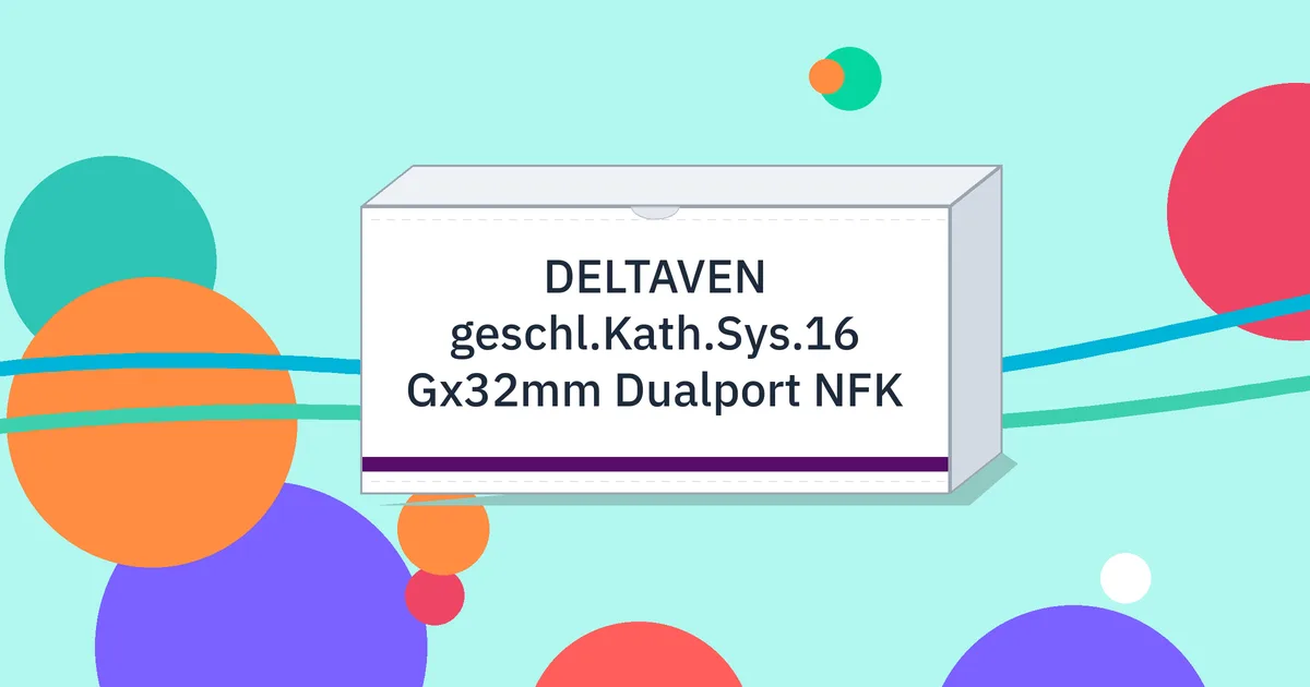 Symbolbild: Packung mit der Aufschrift DELTAVEN geschl.Kath.Sys.16 Gx32mm Dualport NFK (PZN 13977274) – Verfügbarkeit und Bezug in Apotheken in Frankfurt am Main