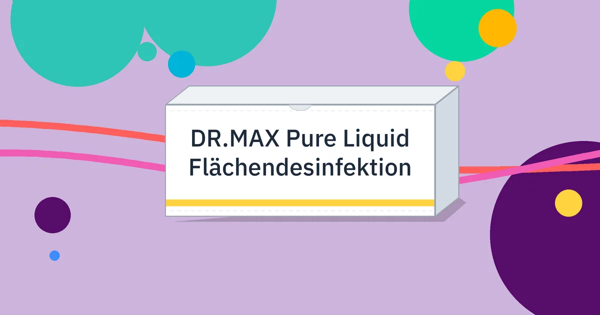 Symbolbild: Packung mit der Aufschrift DR.MAX Pure Liquid Flächendesinfektion (PZN 17969107) – Verfügbarkeit und Bezug in Apotheken in Frankfurt am Main
