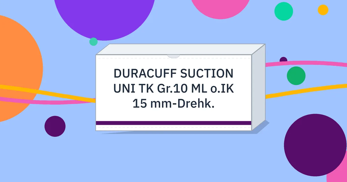 Symbolbild: Packung mit der Aufschrift DURACUFF SUCTION UNI TK Gr.10 ML o.IK 15 mm-Drehk. (PZN 02701600) – Verfügbarkeit und Bezug in Apotheken in Frankfurt am Main