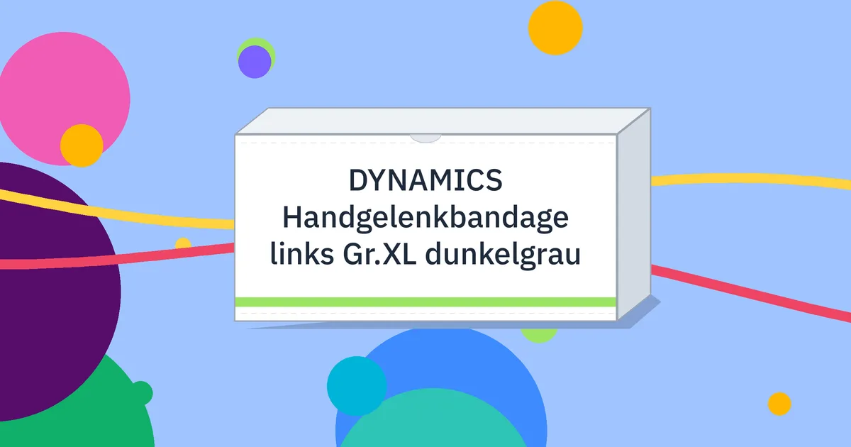 Symbolbild: Packung mit der Aufschrift DYNAMICS Handgelenkbandage links Gr.XL dunkelgrau (PZN 10633077) – Verfügbarkeit und Bezug in Apotheken in Frankfurt am Main