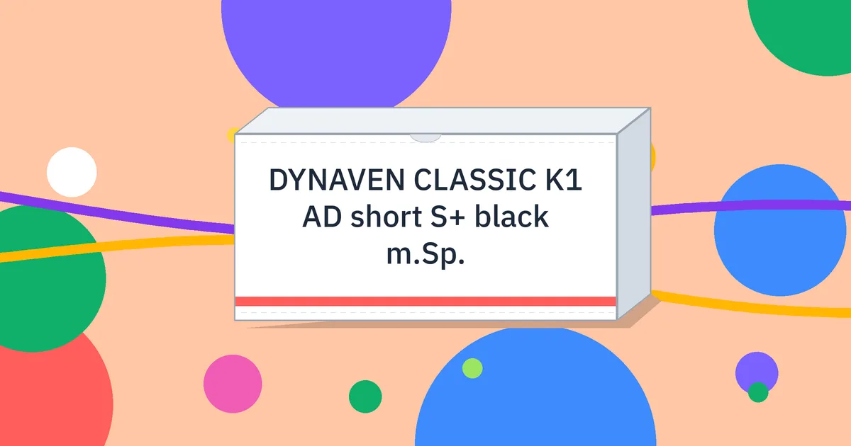 Symbolbild: Packung mit der Aufschrift DYNAVEN CLASSIC K1 AD short S+ black m.Sp. (PZN 18414794) – Verfügbarkeit und Bezug in Apotheken in Frankfurt am Main