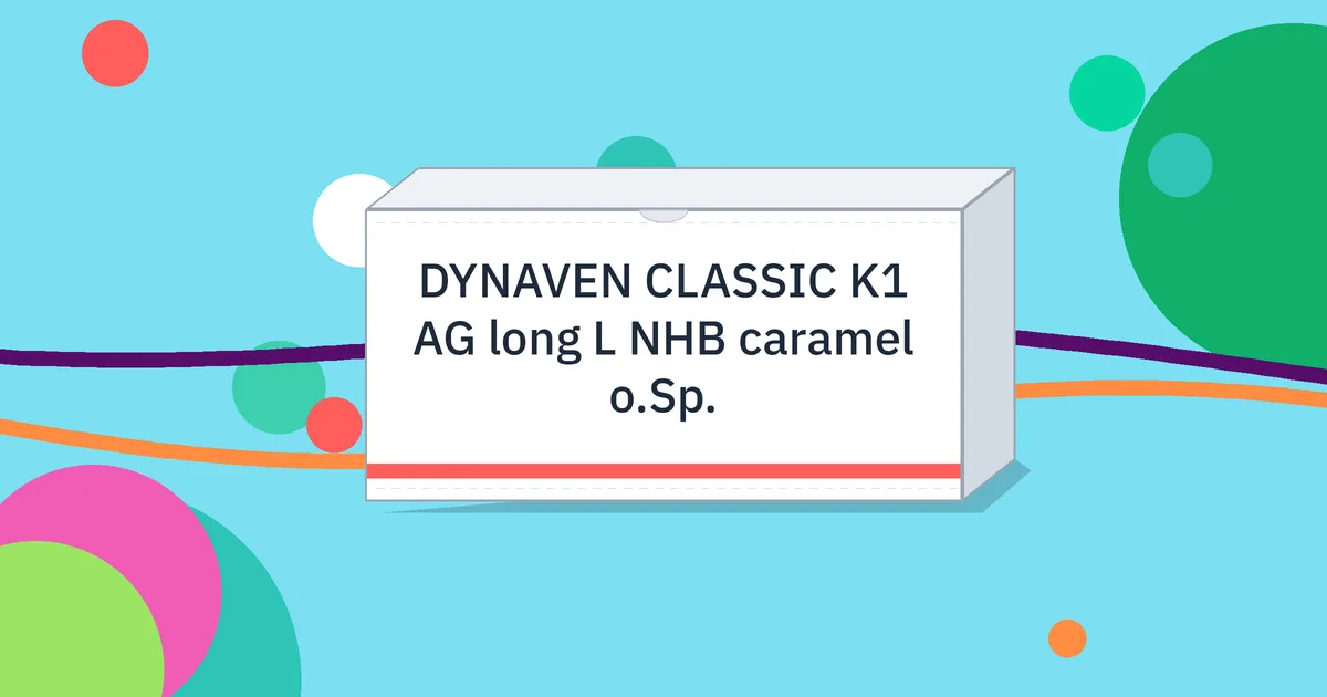 Symbolbild: Packung mit der Aufschrift DYNAVEN CLASSIC K1 AG long L NHB caramel o.Sp. (PZN 18415517) – Verfügbarkeit und Bezug in Apotheken in Frankfurt am Main
