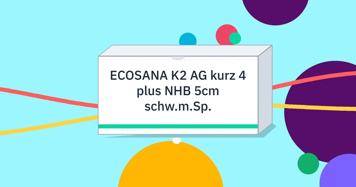 Symbolbild: Packung mit der Aufschrift ECOSANA K2 AG kurz 4 plus NHB 5cm schw.m.Sp. (PZN 01437673) – Verfügbarkeit und Bezug in Apotheken in Frankfurt am Main