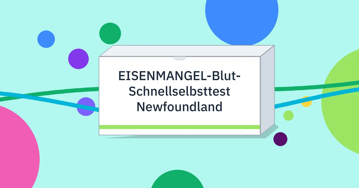 Symbolbild: Packung mit der Aufschrift EISENMANGEL-Blut-Schnellselbsttest Newfoundland (PZN 18757382) – Verfügbarkeit und Bezug in Apotheken in Frankfurt am Main
